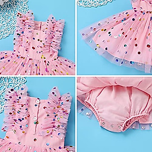 Newborn Baby Girls Tulle One Piece Romper Dress Colorful Polka Dots Print Ruffles Sleeve Bodysuit Toddler Girl Tutu Dress Birthday Photography Summer Clothes Pink Dots 12-18 Months