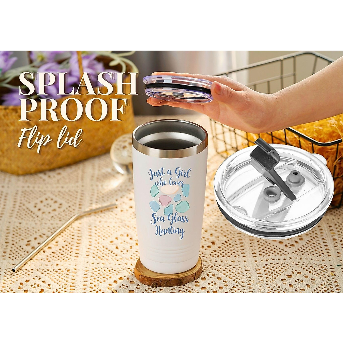 Onebttl Sea Glass Collector Gifts for Women, Tumbler Travel Coffee Mug, Stainless Steel Insulated with Lid 20oz/590ml