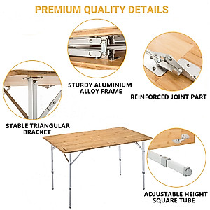 KingCamp Bamboo Folding Camping Table with Adjustable Height Aluminum Legs Heavy Duty 176 lbs Portable for Travel, Picnic, Beach, 6 People, 47.2'' 27.6'' 27.6", 47.2''x27.6'', 4-6 Person