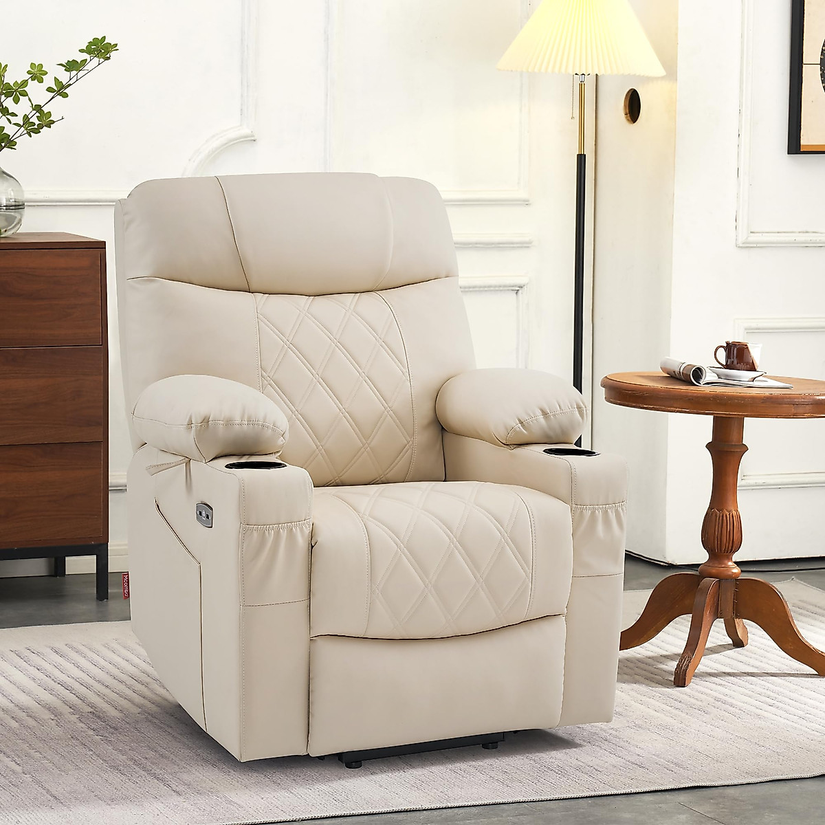 MCombo Small Power Lift Recliner Chair Sofa with Massage and Dual Heating, Adjustable Headrest for Elderly People Petite, USB Ports, Fabric 7111 (Single Motor, Cream White)