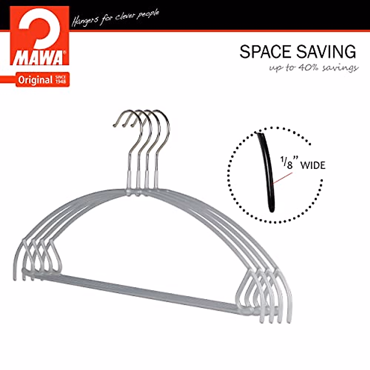 Mawa by Reston Lloyd Euro Ultra Light/Thin Series, Non-Slip Space Saving Clothes Hanger with Bar & Hook for Pants and Skirts, Style 42/PTU, Set of 10, Silver