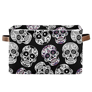 ALAZA Sugar Skulls Flowers Storage Basket for Shelves for Organizing Closet Shelf Nursery Toy, Fabric Collapsible Storage Organizer Bins Decorative Baskets with Handles Cubes