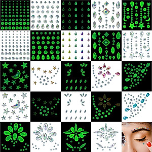 12Sets Noctilucent Face Jewels-Luminous Face Gems- Halloween Fluorescent Rhinestone Stickers Eye Body Euphoria Makeup Jewelry Glow in the Dark for Carnival Rave Festival Accessory Nail Art Decorations