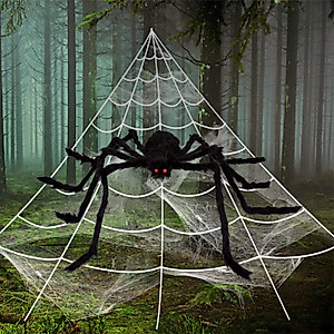 EZIGO Halloween Spider Decorations 3PCS Giant Spider Huge Spider Web Stretch Web Component of Huge Spider and Mega Spider Web Halloween Party Supplies Yard Halloween Outdoor Décor Haunted Decoration