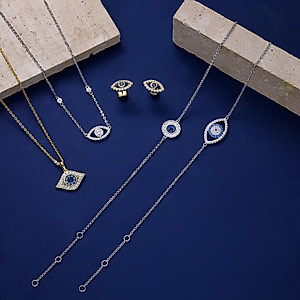 FANCIME Sterling Silver Evil Eye Necklace Cubic Zirconia Pendant Necklace Yom Kippur Lucky Fine Jewelry for Women 16 + 2 inch Extender