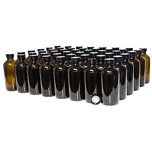 GlassBottleOutlet (Pack of 48) 8 oz. Amber Boston Round with Black Poly Cone Cap