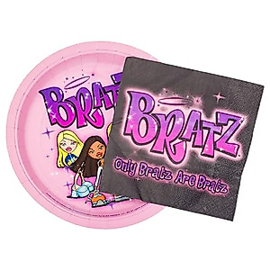Silver Buffalo Bratz Dolls 32-Piece Purple Paper Napkin and Plate Party Pack Featuring Yasmin, Sasha, Jade, and Cloe