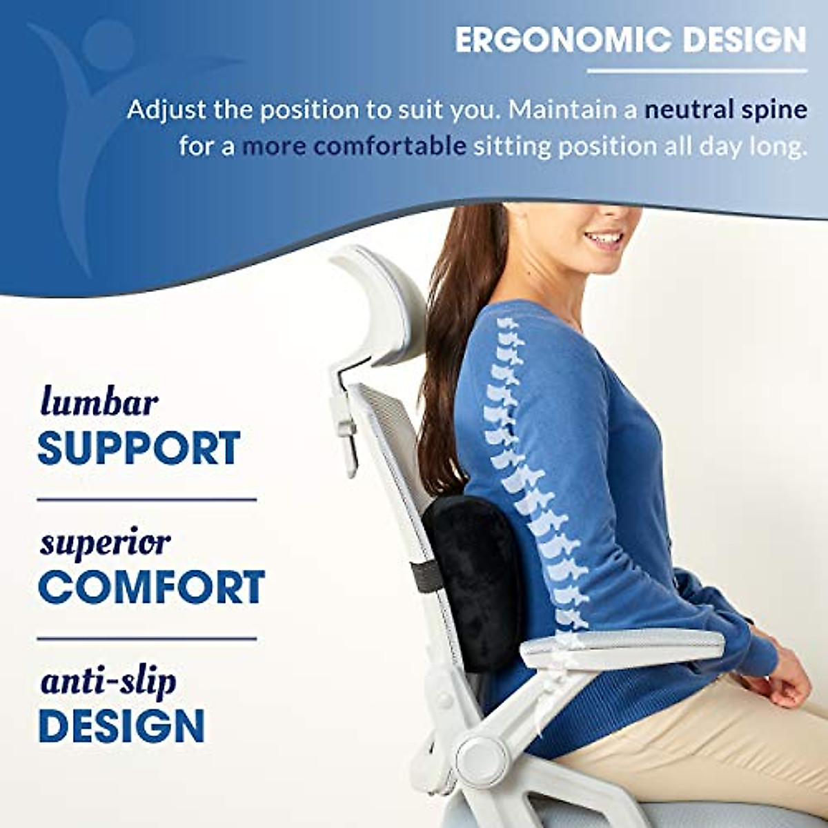 RELAX SUPPORT RS7-X Lumbar Support Pillow - Medium Firm Memory Foam Office Chair Back Support - Promotes Spinal Alignment & Better Posture - Non-Slip Strap, Washable Cover - Fits Wheelchair, Recliner