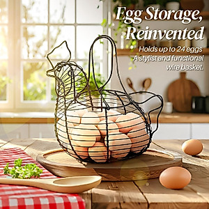 Flexzion Chicken Egg Holder, Small Wire Egg Collecting Basket with Handle for Farm Eggs, Fruits, Vegetables, Metal Wire Chicken Basket Decor for Kitchen, Countertop, Farmhouse Rustic Style, Black