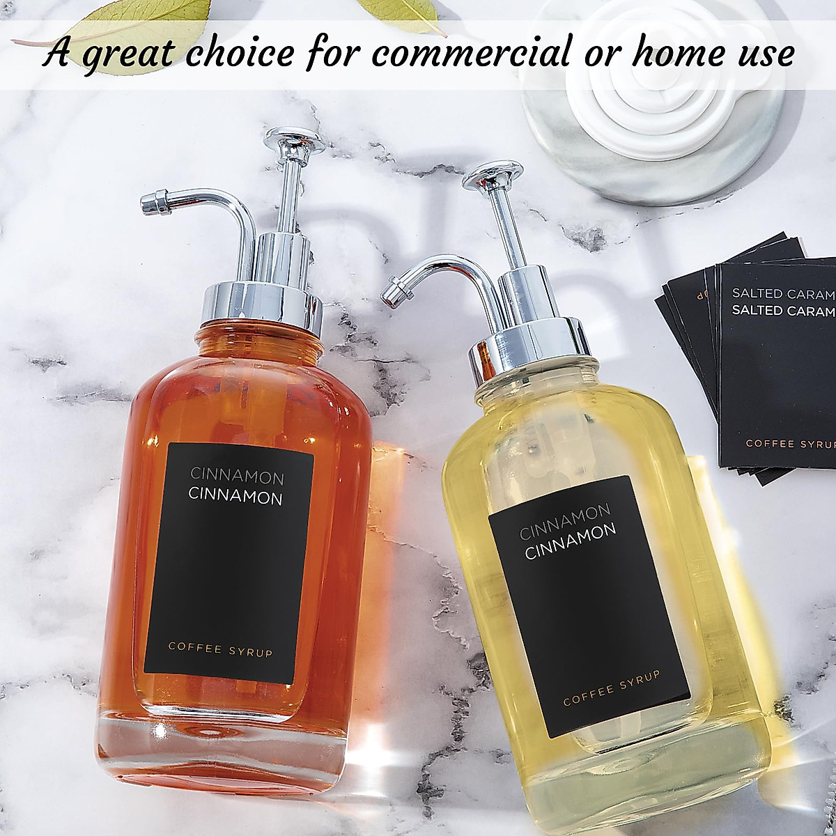 Joyfulmap Coffee Syrup Dispenser with 18 Labels, Pump Bar, Minimalist Glass Bottle, Simple Maple/Coffee Bottles w. set of Black, 16.9 oz 500 ml, 001