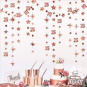 Rose Gold 25th Birthday Decorations Number 25 Circle Dot Twinkle Star Garland Metallic Hanging Streamer Bunting Banner Backdrop for Girls Twenty Five Year Old Birthday 25th Anniversary Party Supplies