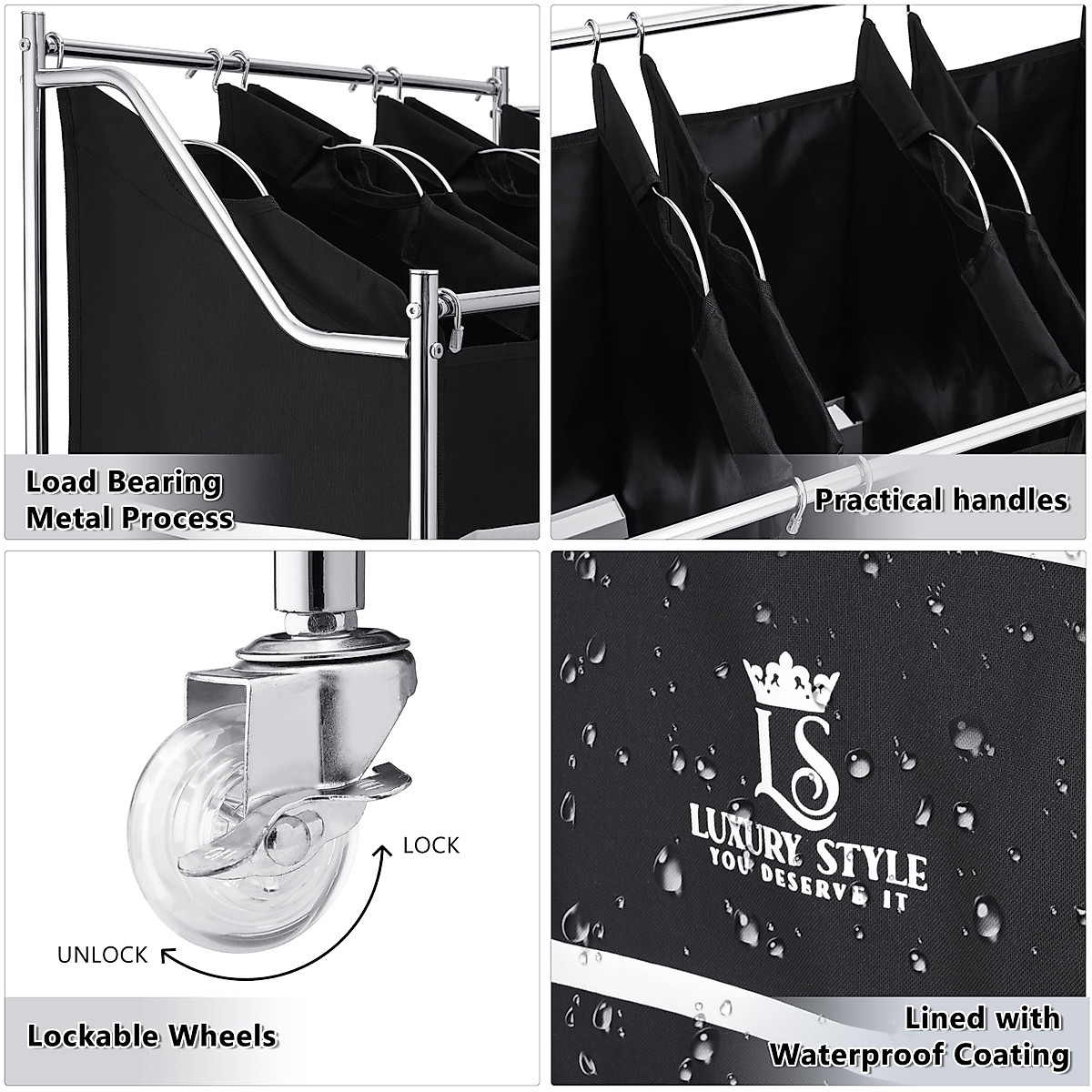 LUXURY STYLE 3- Sections Laundry Sorter, Roling Laundry Cart, Modern Golden Laundry Hamper, 3-Bags Laundry Hamper with Wheels, Laundry Basket, XL Hamper for Clothes, Toys, and Towels (Elegant Silver)