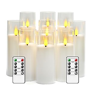 Obrldpao White Flameless Candles with Remote,Led Candles 9 Pc (D2.3 xH 5" 6" 7") Flameless Pillar Candles,Battery Operated Candles，Table Decoration Plexiglass Flickering Flameless Candles(White)