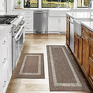 COSY HOMEER Kitchen Floor Mats[2 PCS] for in Front of Sink Super Absorbent Kitchen Rugs and Mats 48x20 Inch/30X20 Inch Non-Skid Kitchen Mat Standing Mat Washable,Polypropylene,Brown