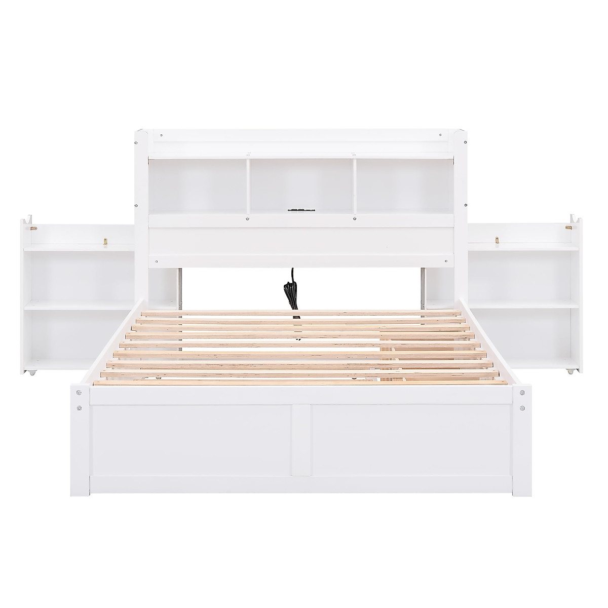 Full Storage Bed Frame with Twin Size Trundle,Bookcase Headboard and Charging Station,Wood Full Size Platform Bed with Pull Out Shelves and Drawers for Kids,Teens,Adults,Noise Free,White