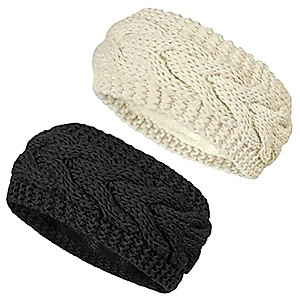 2 Pieces Womens Ear Warmer Headband Cable Knit Winter Headbands Fleece Lined Ear Warmers Stocking Stuffers Gifts,B-Black,Beige