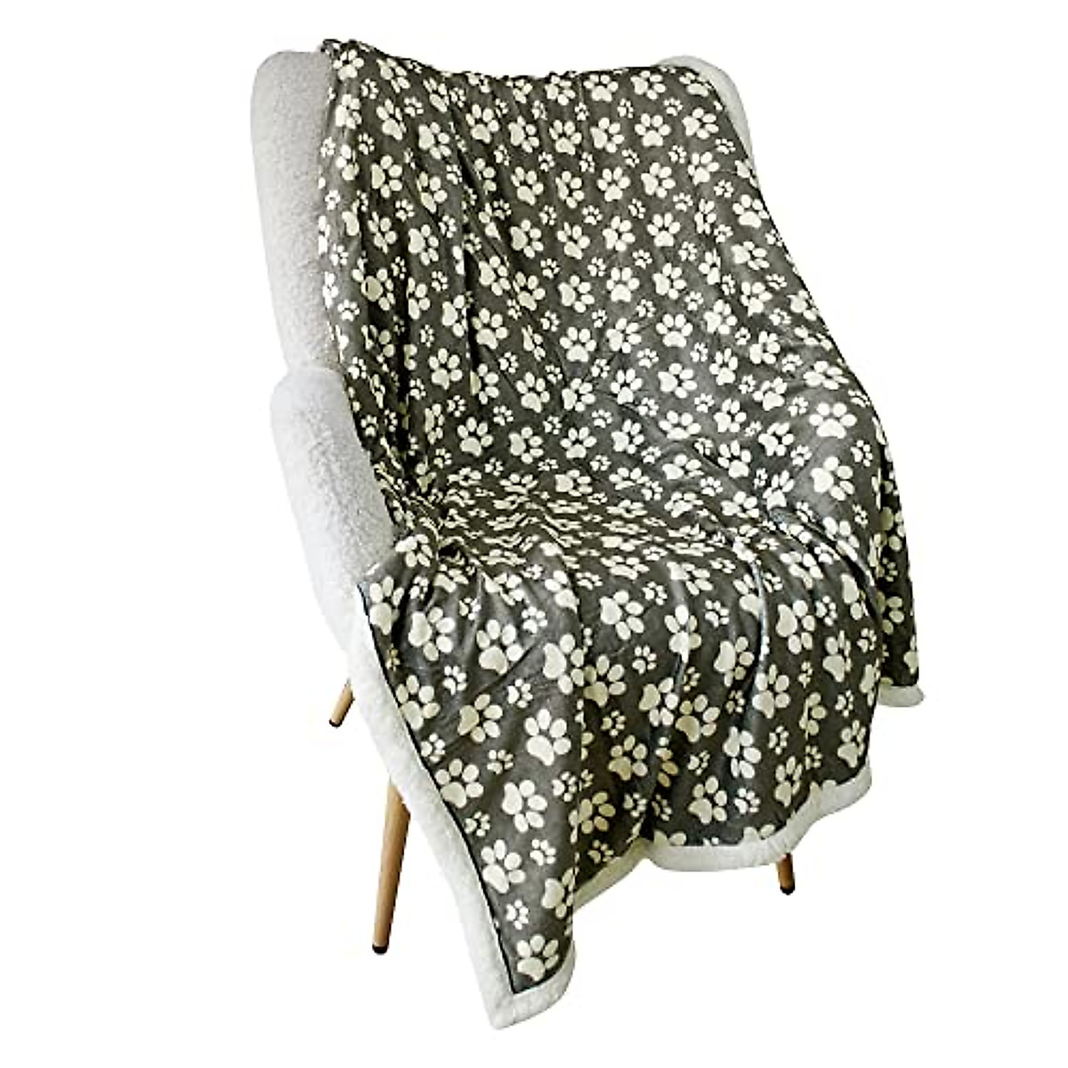 Longrich Flannel Paw Print & Ultra Soft Sherpa Throw Blanket, 50" W X 60" W, Grey with Brown Paw Print