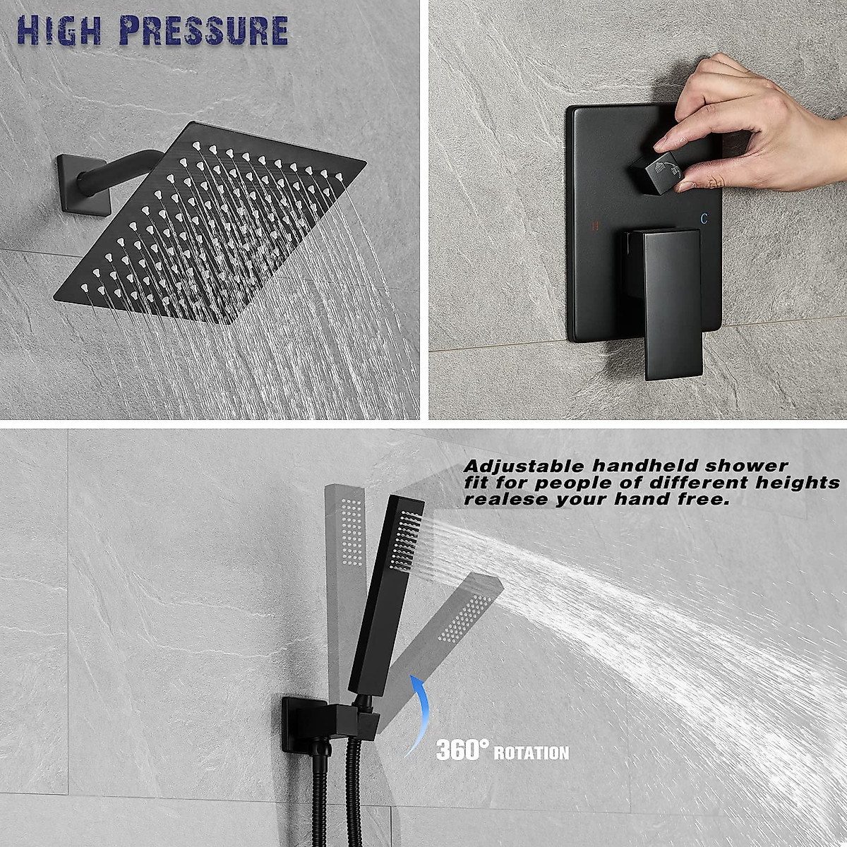 annazom Shower Faucet Set Rain Shower System Matte Black with High Pressure 8-Inch Shower Head Handheld Square Shower Head Bathroom Luxury Rain Shower Faucet Shower Complete Combo Kit Wall Mounted