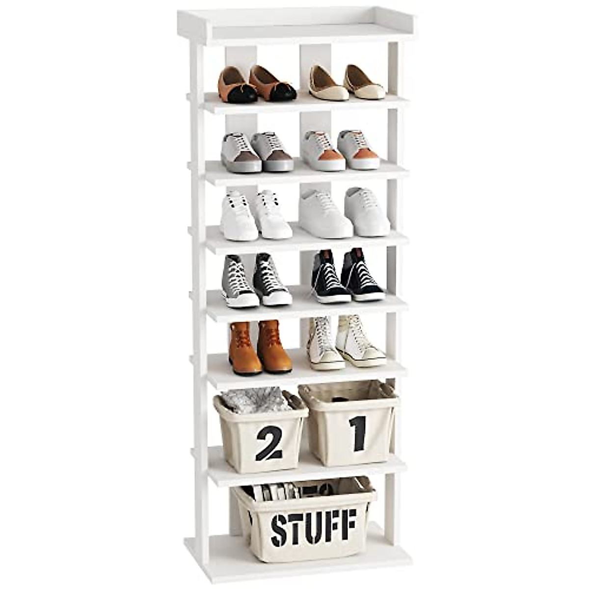 HOMEFORT 7-Tier Wood Shoe Rack, Double Rows 7-Tier Shoe Shelf, Shoe Storage Stand, Entryway Shoe Tower, Vertical Shoe Organizer Perfect for Narrow Closet, Entryway, Hallway, Bedroom in White