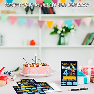 YQV Dinosaur Truck 4th Birthday Party Invitations, 20-Count Dinosaur Birthday Party Invites With Envelopes-HBYQK-B29