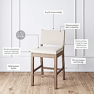 Linus Modern Upholstered Counter Height Bar Stool with Back and Solid Rubberwood Legs in a Wire-Brushed Grey Finish, Natural Flax/Brown