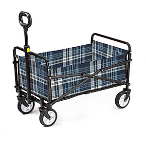 Collapsible Wagon Cart Plaid Texture in Blue and White Striped Seamless Check Plaid Graphic Foldable Utility Wagon Large Capacity Garden Cart with Push Bar for Beach Camp Outdoor Shopping