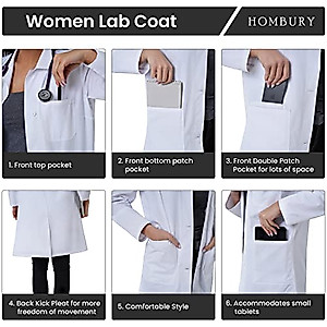 Hombury Professional White Lab Coats for Women, long sleeve, Polyester cotton fabric (White, Large)