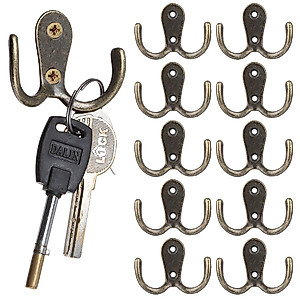 10pcs Metal Antique Hooks Double Prong Wall Door Coat Hanger Retro Key Holder Hat Bag Clothes Towel Organizer Shelf Storage(2.16inch,Bronze Tone)