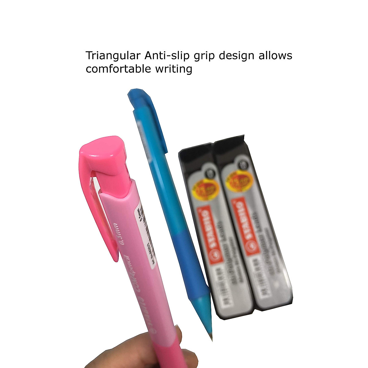 Stabilo 0.5mm Com4 Mechanical Pencil Set Triangular Anti-Slip Grip Design (2 Packs - 1 Blue and 1 Pink) + Stabilo 0.5mm 2B Hi-Polymer Lead Refills (2 Tubes - 24 Leads each Tube)