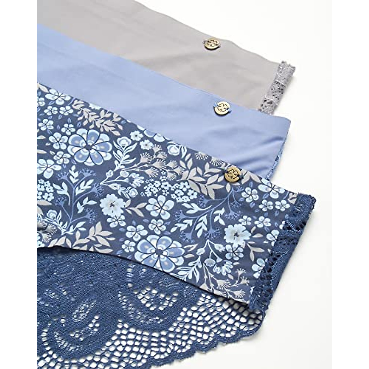 Lucky Brand Women's Underwear - Microfiber Lace Hipster Briefs (3 Pack), Size Large, Indigo/Blue/Silver Scone