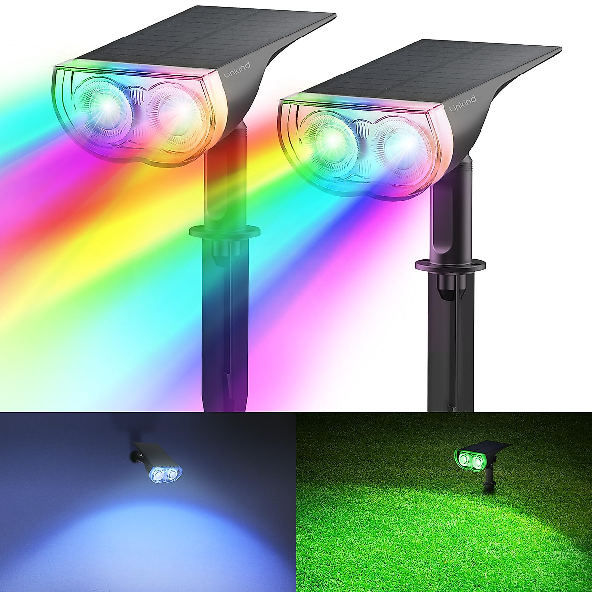 Linkind RGB Solar Spotlights Outdoor, Solar Lights Waterproof StarRayS 2-in-1 Spot Lights, IP67 Waterproof Solar Spot Light, Outdoor Lighting for Garden and Pathway, Auto On/Off, 2 Pack Color Changing