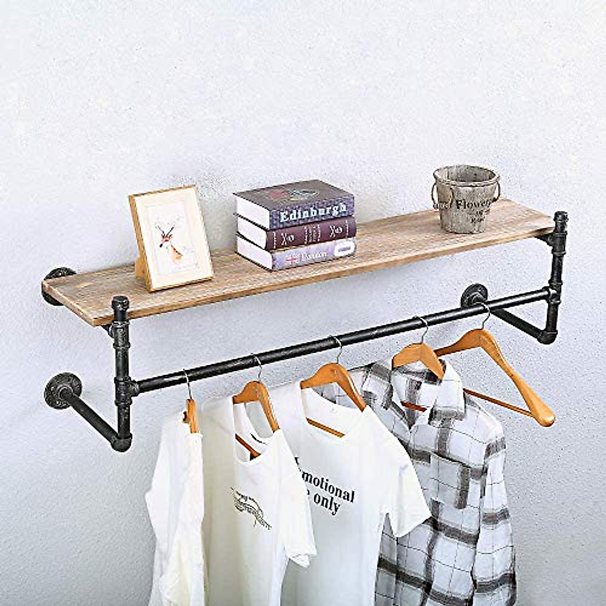 WJJ Industrial Pipe Clothing Rack Wall Mounted with Real Wood Shelf,Pipe Shelving Floating Shelves Wall Shelf,Rustic Retail Garment Rack Display Rack, 48in Steam Punk Commercial Clothes Racks