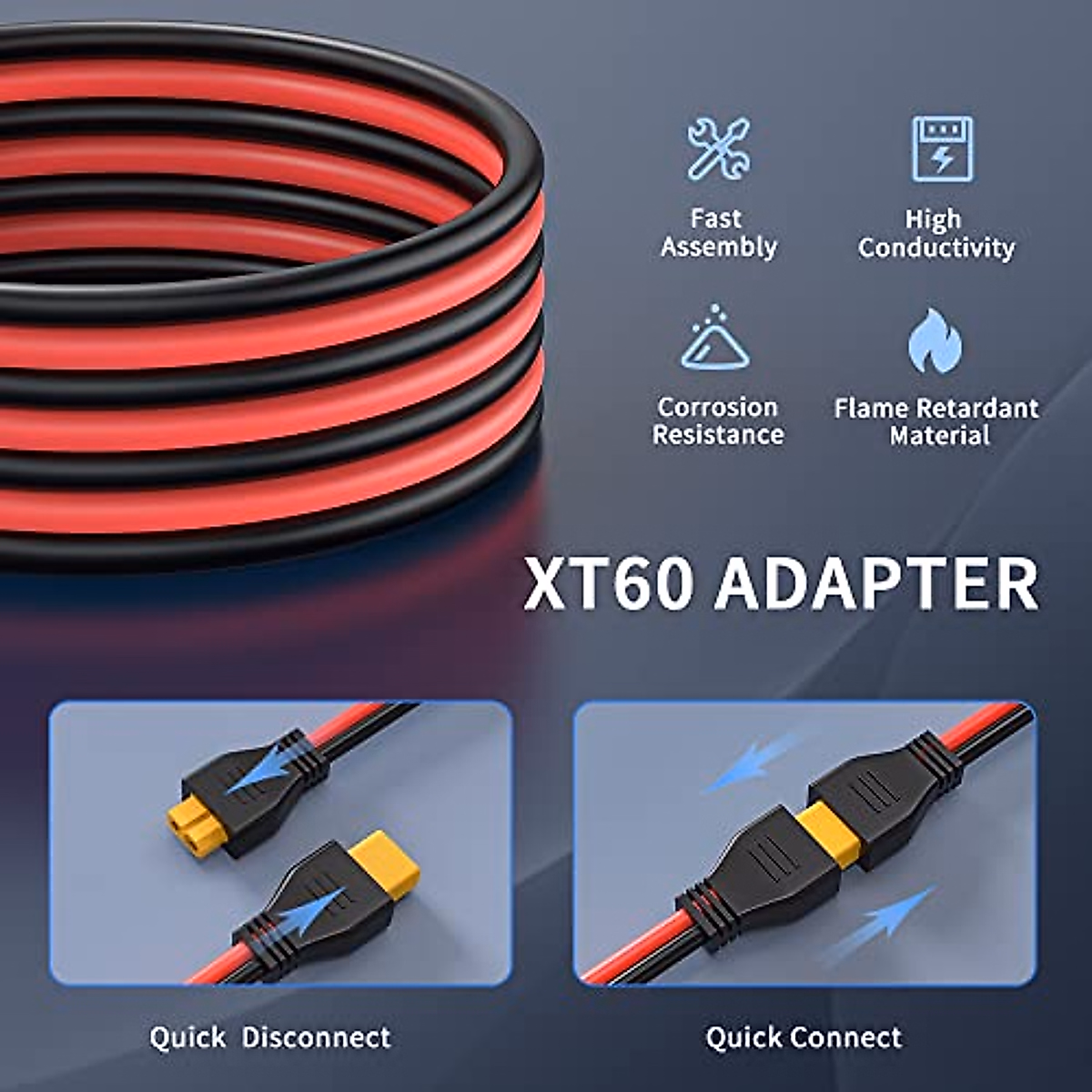 ELECTOP XT60 Extension Cable 10Ft, 10AWG XT60 Cable Wire XT60 Male to Female Adapter Connector Converter Plug for RC Battery Lipo Battery Pack Solar Generator Portable Power Station and Solar Panel