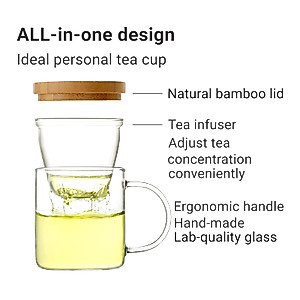 emoi Glass Tea Cup with Infuser and Lid, 12oz/350ml Tea Mug with Tea Steeper and Bamboo lid, Easy to use, Ideal for Tea Lovers to Make a Great Cup of Tea at Home or Office