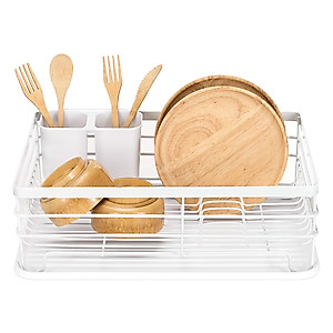 Navaris Dish Drainer Rack - Plate, Cutlery, Pots and Pans Drying Rack for Kitchen - Modern Retro Design Drip Tray with Metal Rack - White