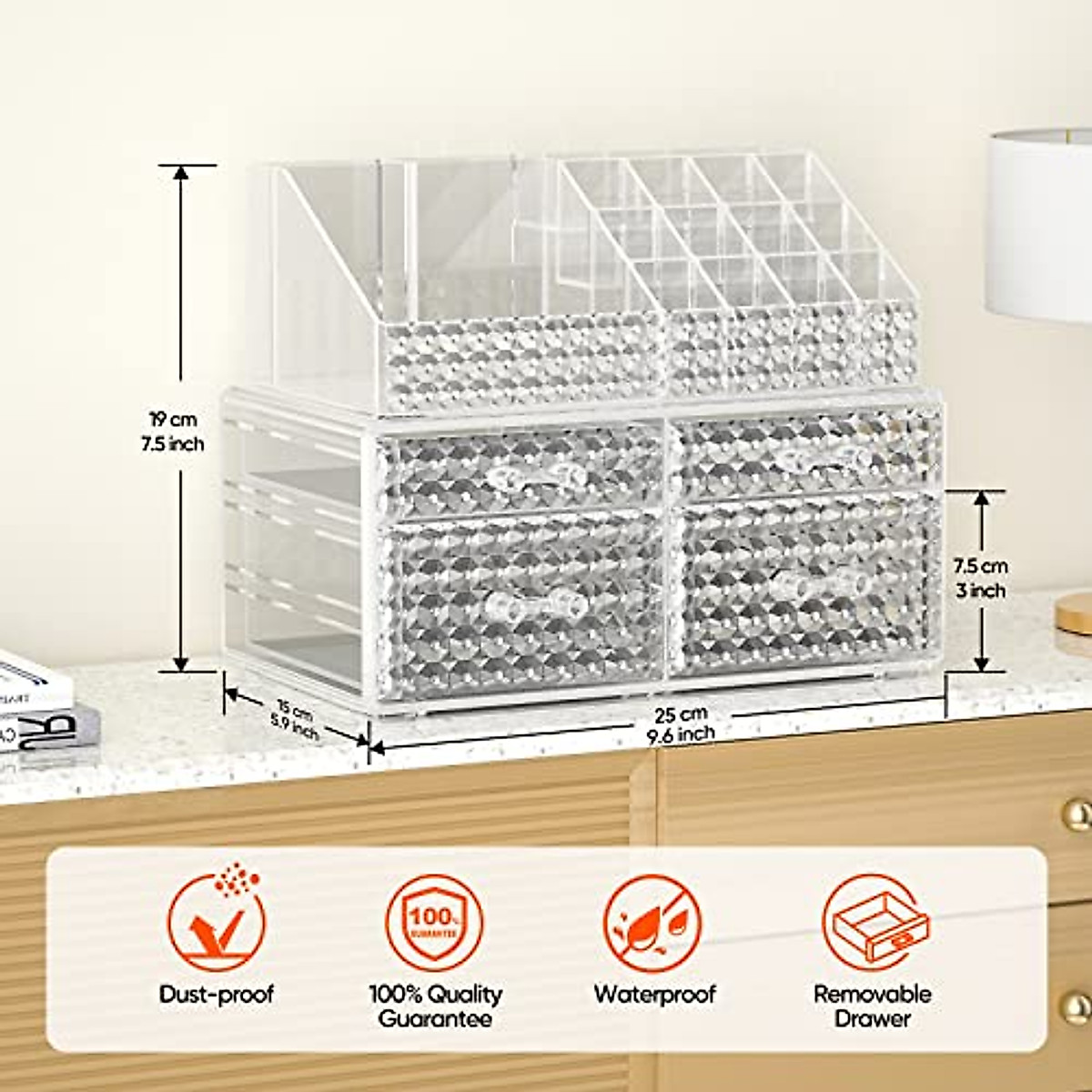 Awenia Makeup Organizer with Drawers[Upgraded]-Acrylic Make up Organizers and Storage Case for Cosmetics,Perfume,Jewelry Display, Vanity and Bathroom Accessories (Clear-4 Drawers)