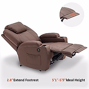 MCombo Electric Power Recliner Chair with Heat and Vibration, Footrest Extended, USB Charge Ports, 2 Side Pockets and Cup Holders, Faux Leather 7050 (Light Brown)