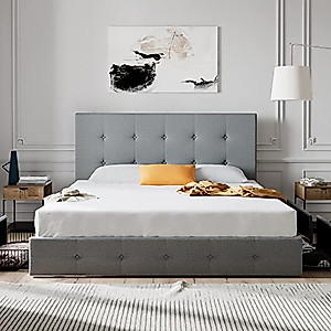Allewie Queen Upholstered Platform Storage Bed Frame with 4 Drawers & Adjustable Headboard, Square Stitched Button Tufted Design, Mattress Foundation, Light Grey