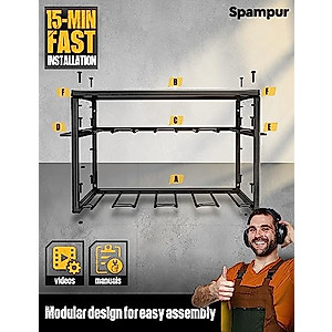 Spampur Power Tool Organizer, 8 Drill Holders Wall Mount, 3 Layer Heavy Duty Metal Storage for Garage Organization, Tools Storage with Hooks, Screwdriver Hammer Holder, Father's Day Men Gifts