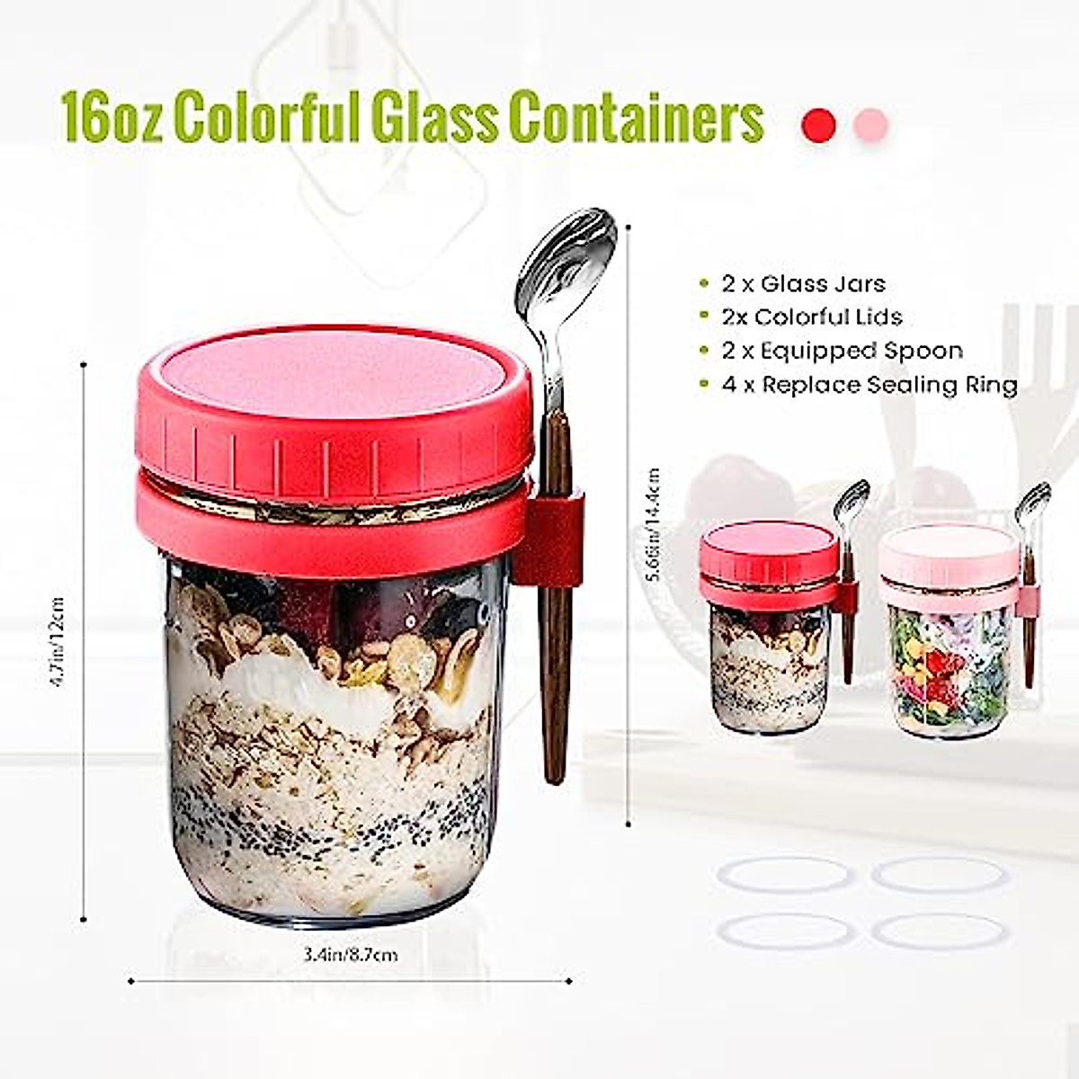 SNGKMSYG Overnight Oats Containers with Lids 2 Pack Mason Jars for Overnight Oats 12 oz Large Sealed Glass Meal Prep Container for Overnight Oats, Cereal, Yogurt, Milk, Salad with Measurement Marks