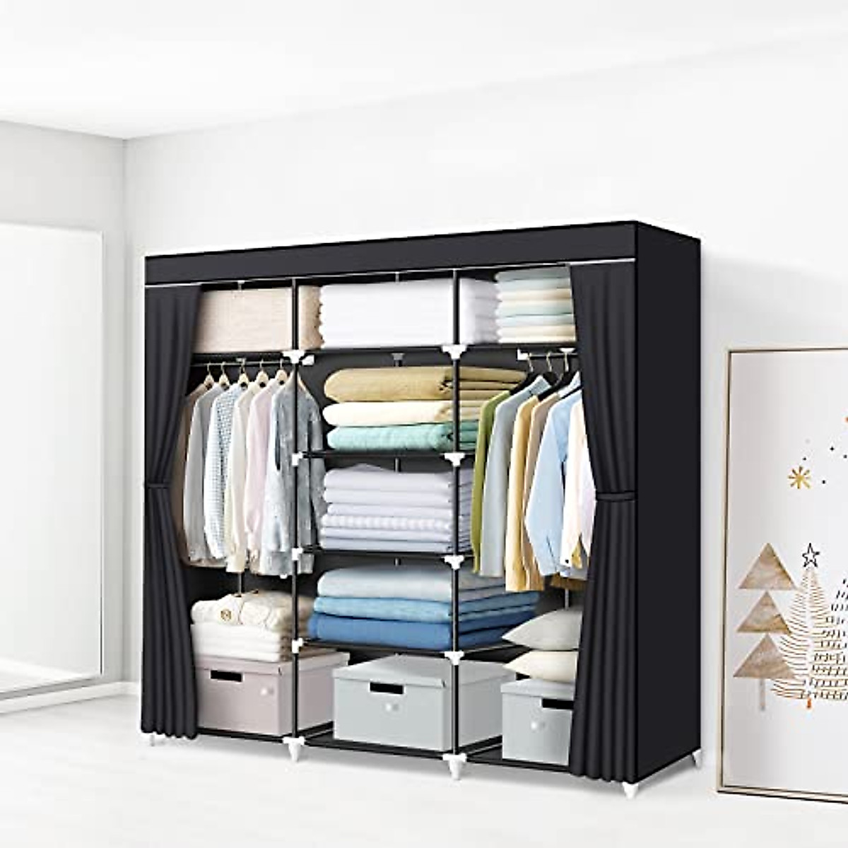 LOKEME 61 Inch Bundle with 55.5 Inch Portable Wardrobe Closet, Closet Oraganizr with 5 Hanging rods, Dust-Proof Cover, Non-Woven Fabric