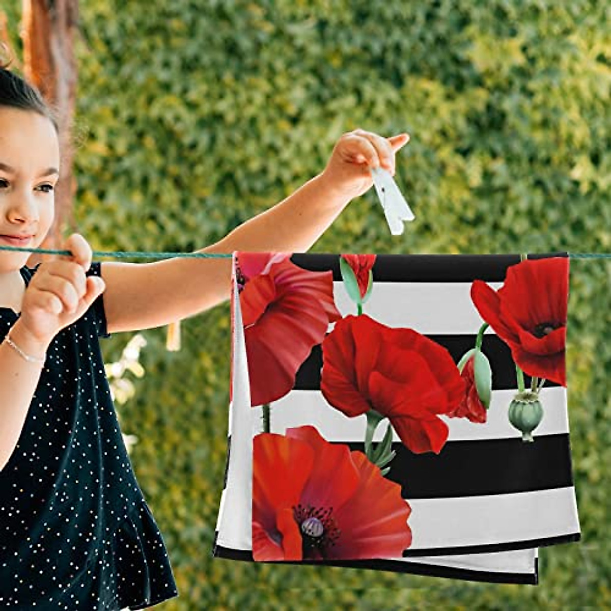 Red Poppy Hand Towels for Bathroom Set of 2 Black and White Striped Nature Botanical Floral Flowers Luxury Towels 16"x28" Soft Absorbent Bathroom Hand Towel for Face,Gym,Spa,Kitchen Dish Tea Towels