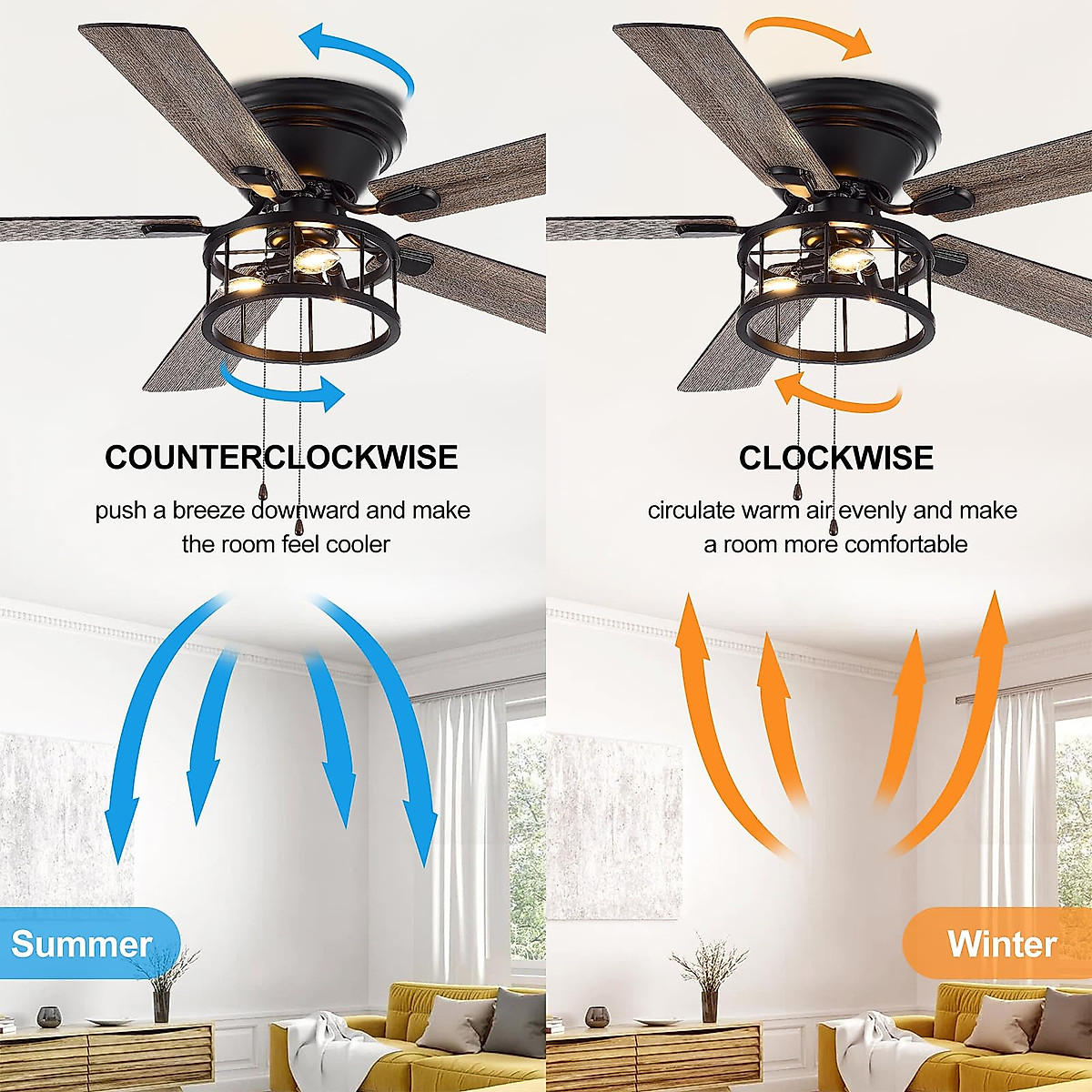 Breezary 52 inch Flush Mount Ceiling Fan with Light Pull Chain, 5 Reversible Blades, Farmhouse Low Profile Crystal Lighting Ceiling Fan Chandelier for Bedroom Living Room