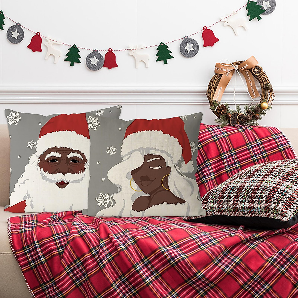 GAGEC Christmas Pillow Covers 20x20 Inch Set of 2 Black Santa African American Santa Throw Pillow Covers Xmas Winter Pillowcase Home Decor Living Room House Decorative Cushion Case for Sofa Couch