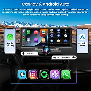 10.3 Inch Wireless Car Stereo Apple CarPlay with 1080P Backup Camera, Portable Wireless Android Auto Screen for Cars, Bluetooth Car Audio Receiver with AUX 64G TF Card
