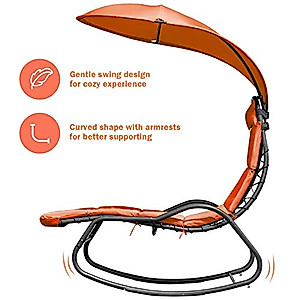 Giantex Chaise Lounge Swing Chair, Outdoor Hammock with Stand and Canopy, Porch Swing w/Soft Cushion Removable Headrest, Outdoor Recliner Rocking Chair for Garden Backyard Poolside (Orange)