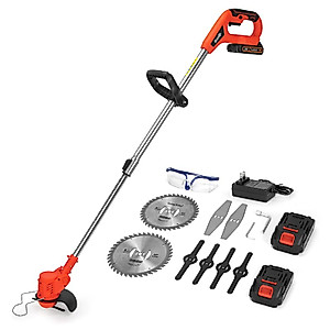 Electric Cordless Weed Wacker,24V 2Ah Battery Powered Weed Eater with 2 Batteries and 3 Types Blades,Lightweight and Powerful String Trimmer for Yard and Garden(Red)