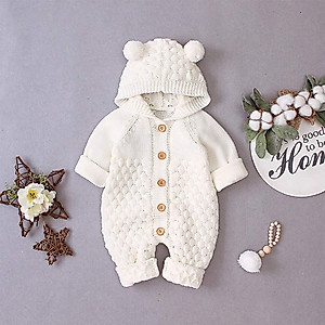 OBEEII Newborn Baby Girls Boys Romper Solid Ribbed Long Sleeve Jumpsuit One Piece Outfits Fall Winter Off White 0-6 Months