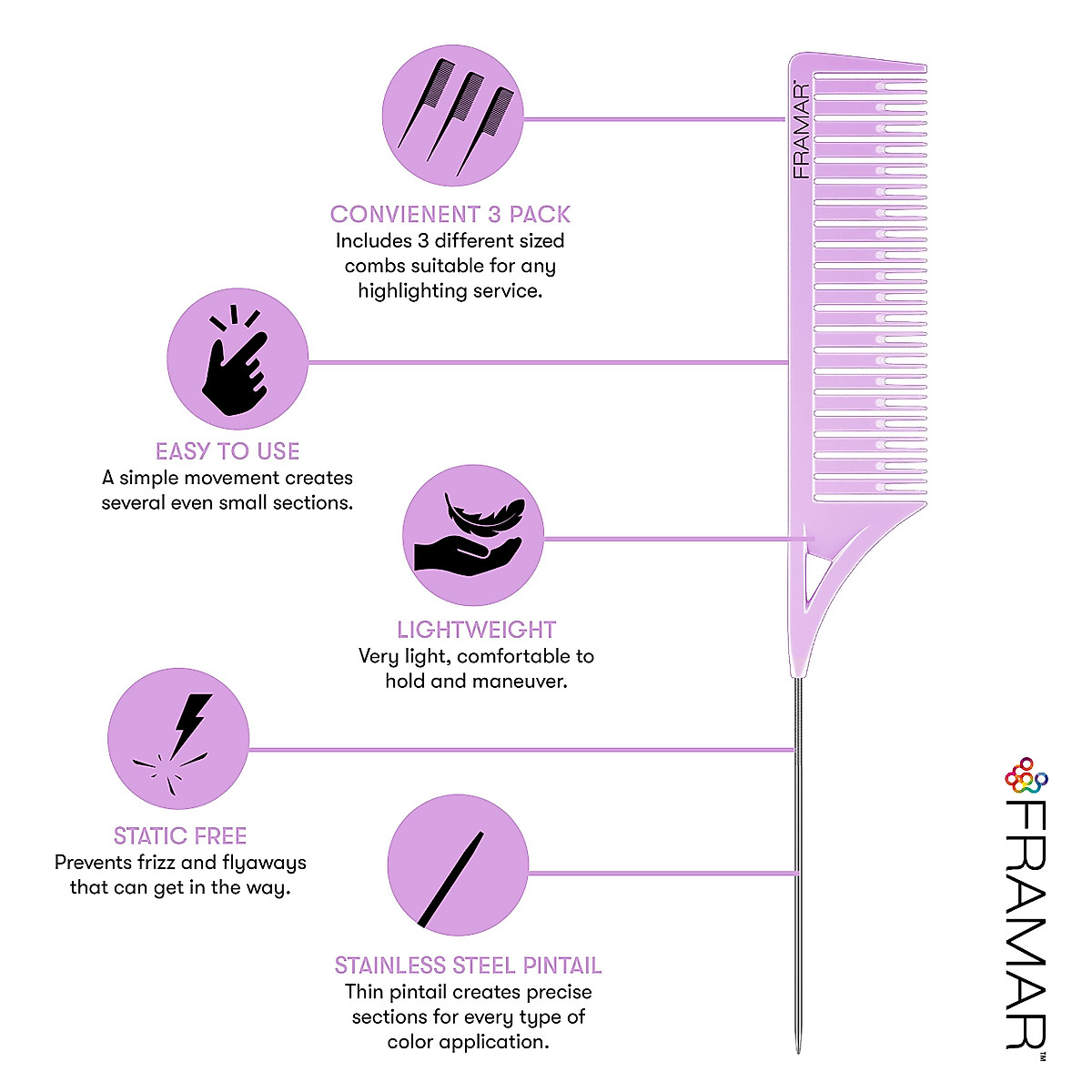 Framar Dreamweaver Highlight Comb Set – Combs for Hair Stylist, Highlighting Comb, Hair Dye Comb, Hair Highlighter Comb with Metal Pick, Balayage Comb - 3 Pack Pastel