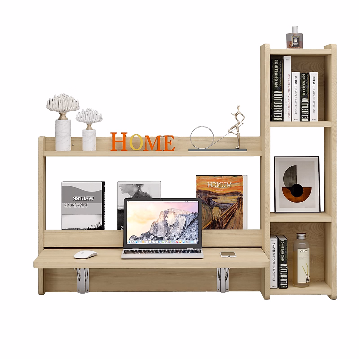 Pmnianhua Floating Desk,41''Wall Mounted Table Folding Fold Down Laptop Computer Desk with Storage Shelves for Wall Bedroom Small Space (Natural)